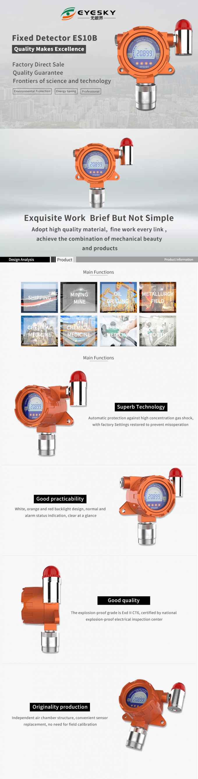 PLC DCS Gas Leak Detector 4~20mA Standard Signals Output With Three ...